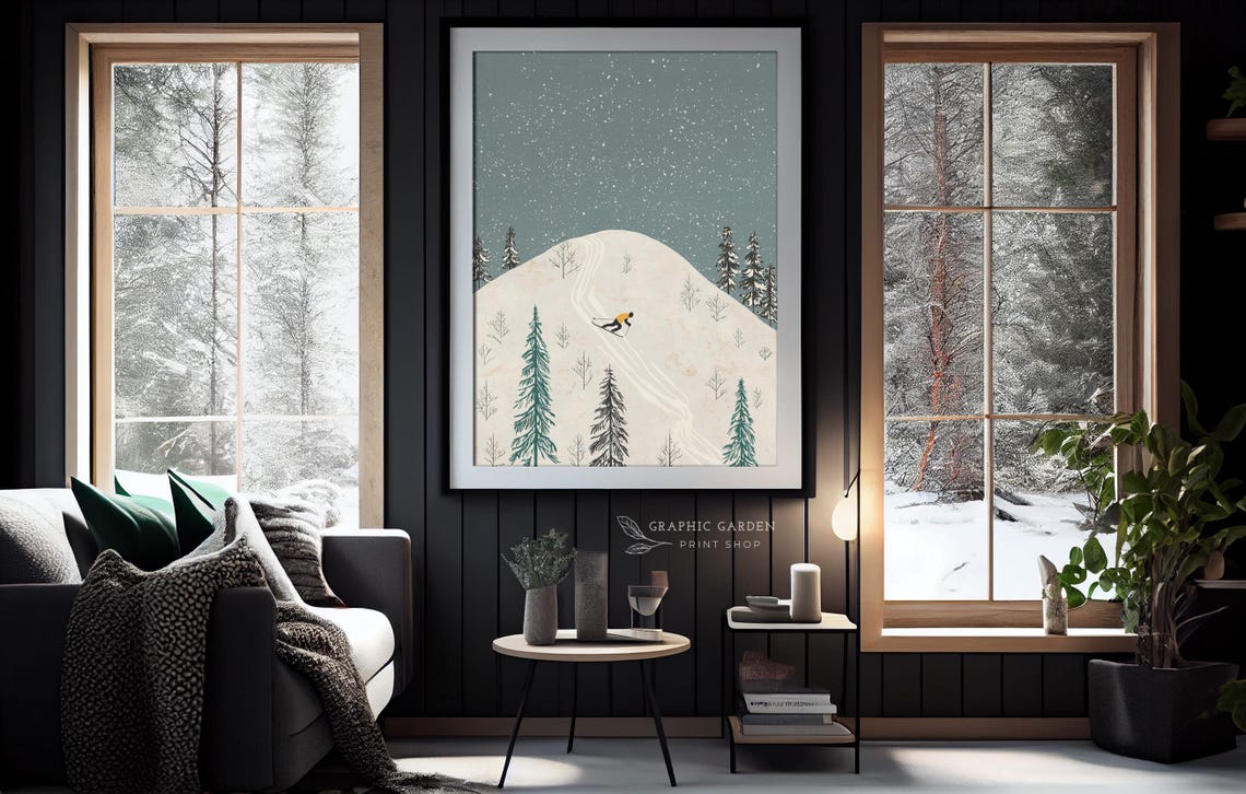 Cozy Ski Drawing, Winter Snow Printable, Mountain Wall Art, Cute Pine ...