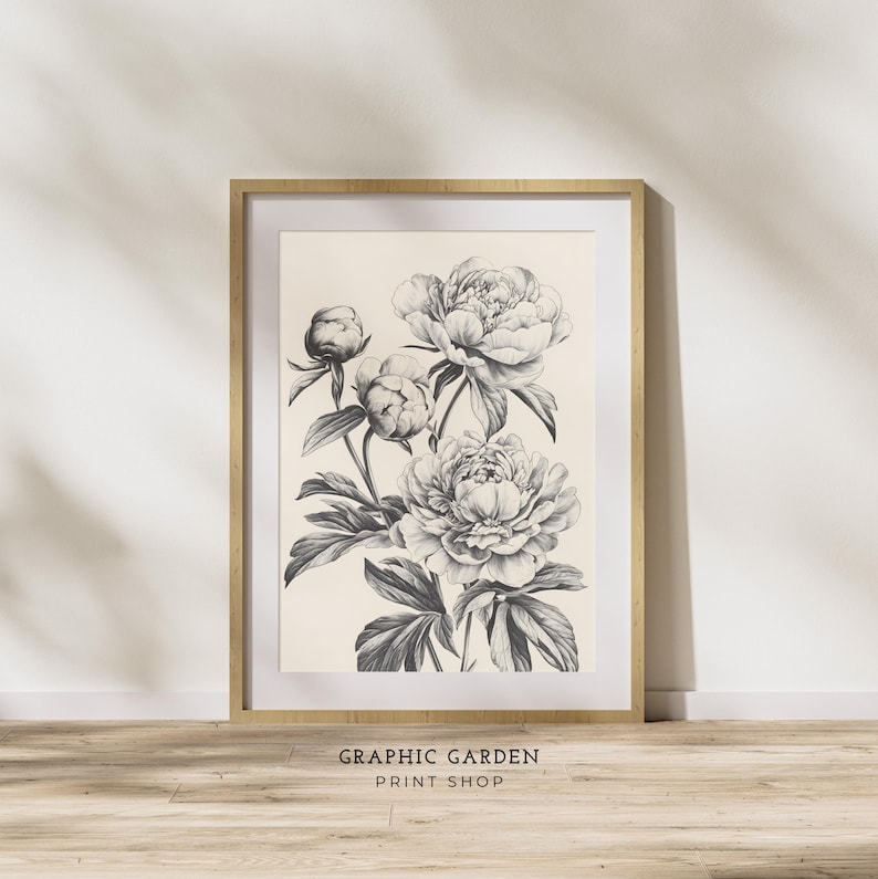 Line Art Peony Print, Botanical Drawing Wall Art, Black & White Sketch ...