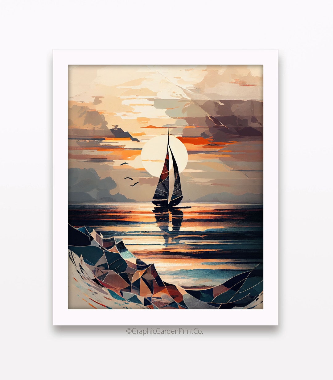 Smooth Sailing Wall Art, Coastal Vertical Printable, Geometric Sunset ...