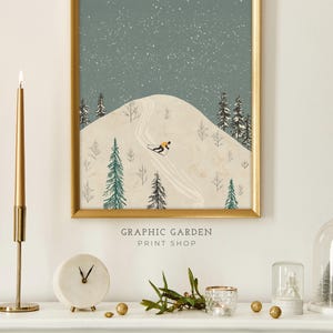 Cozy Ski Drawing, Winter Snow Printable, Mountain Wall Art, Cute Pine ...