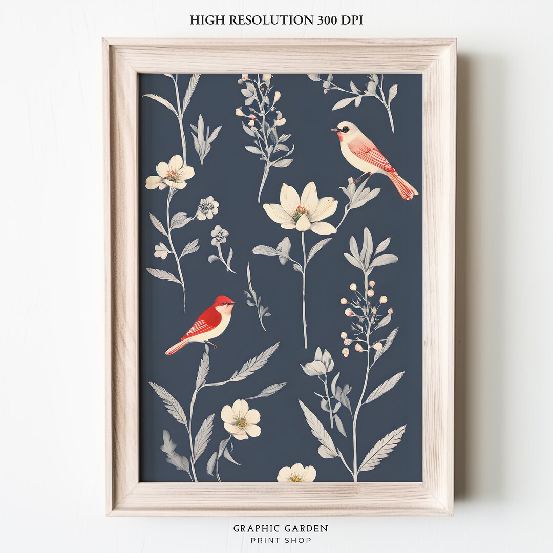 Cardinal Wall Art Botanical Printable Muted Rustic Decor Vintage Floral ...