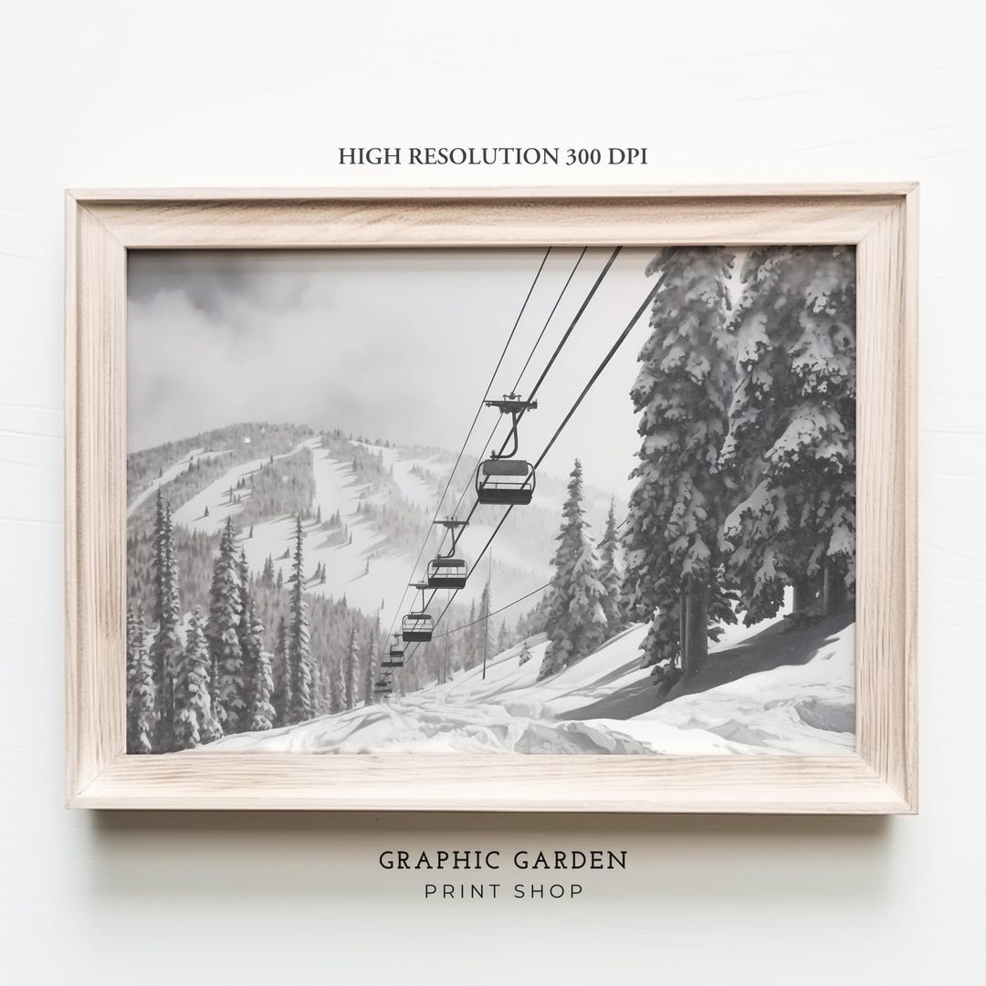 Vintage Ski Lift Print, Winter Landscape Frame TV Art, Black & White ...