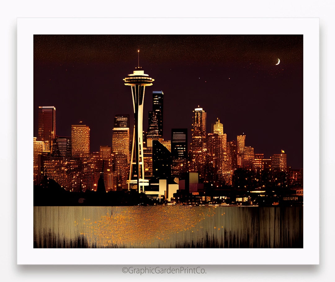 Seattle Washington Skyline Wall Art, Night Cityscape Horizontal ...