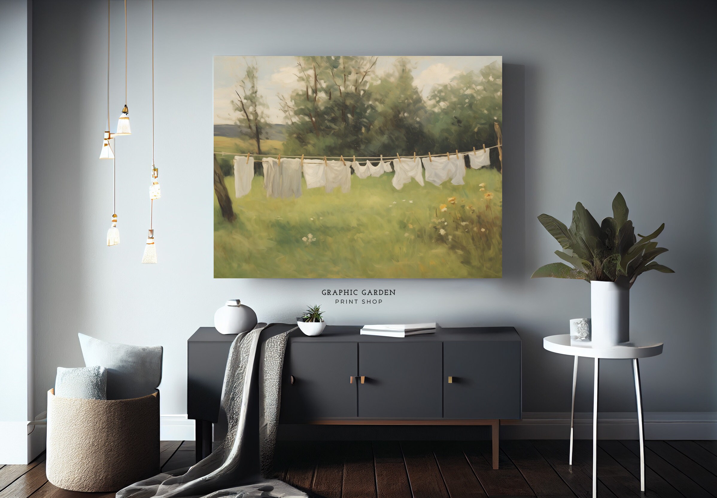 Laundry Line Oil Painting Vintage Wildflower Printable Country ...