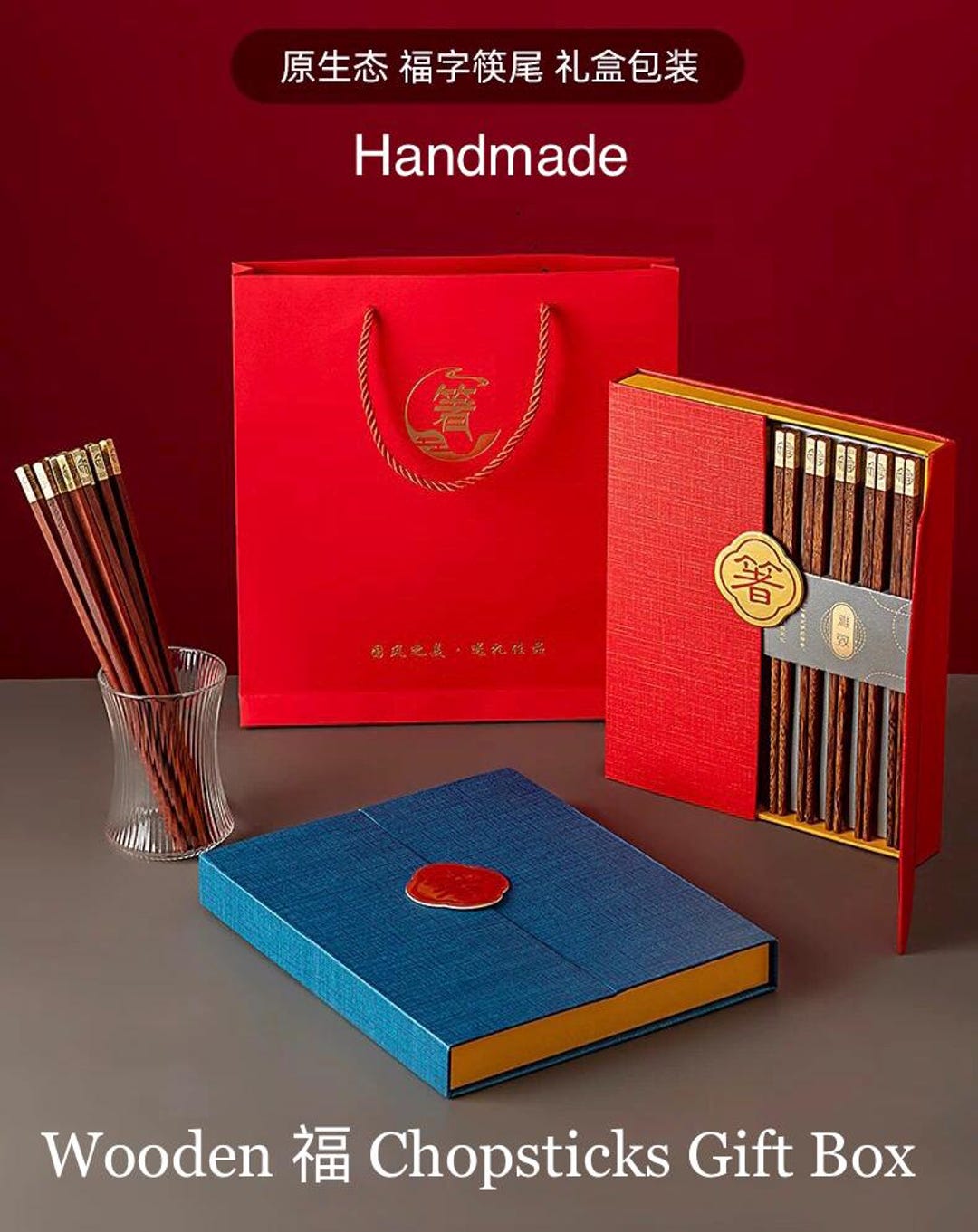 Gift Box of 10pairs Chinese Red Sandalwood 红檀木*chopsticks With 福 ...
