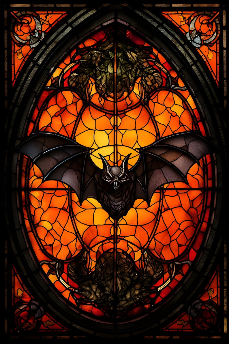Gothic Bat Stained Glass, Halloween Digital Print, Gothic Fantasy, Dark ...