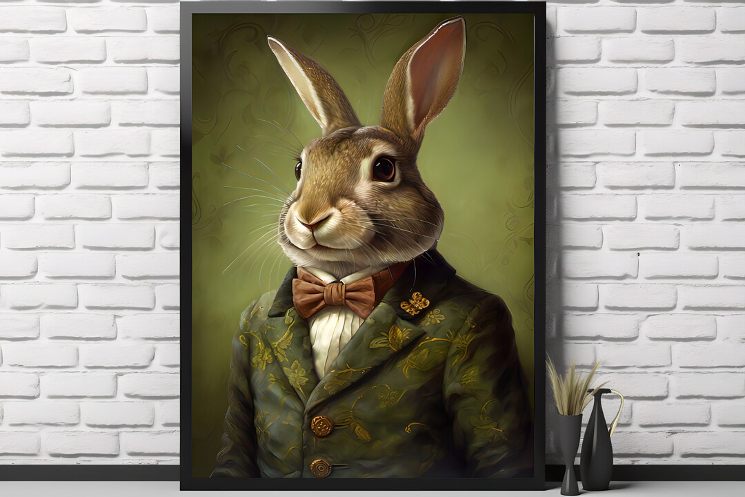 Victorian Rabbit Portrait Print | Green Background, Downloadable Art ...