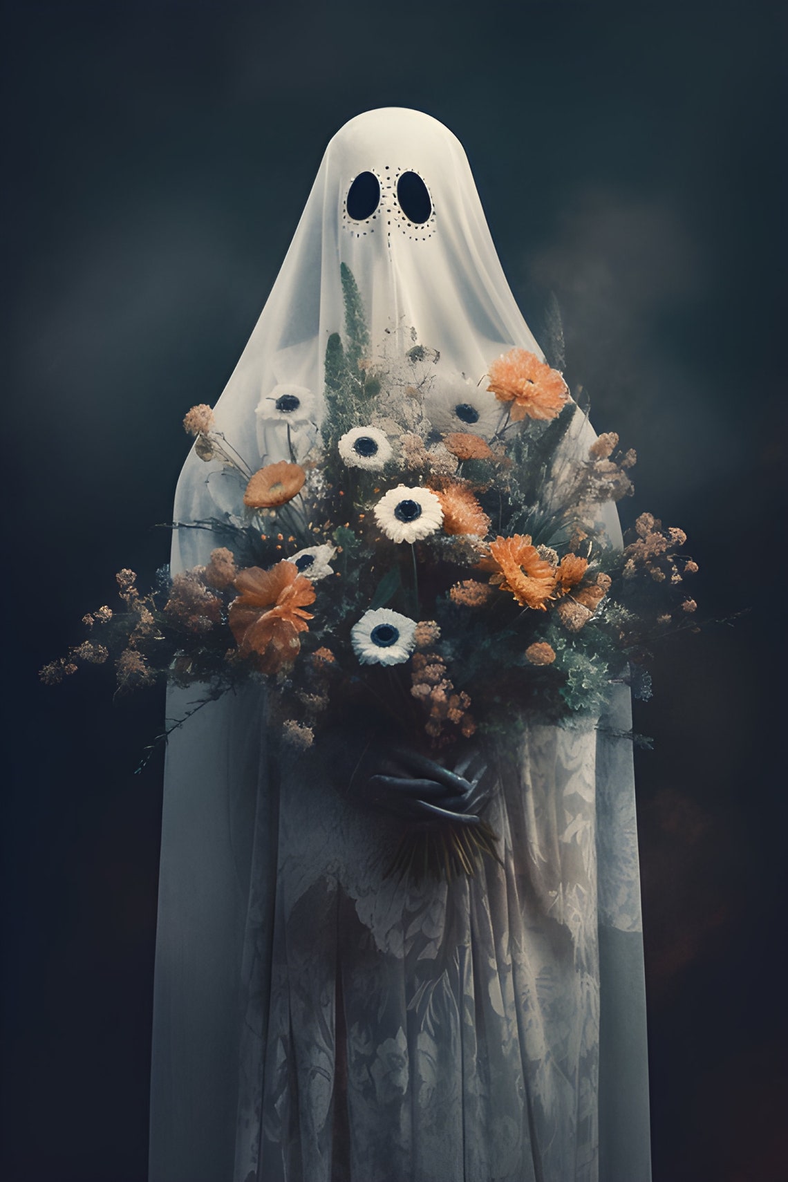 Ghost Portrait Digital Print, Ghost Holding Flowers, Ghoulish Photo ...