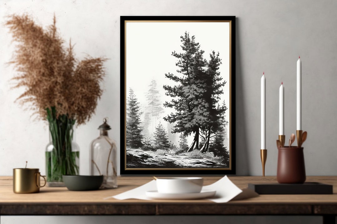 Vintage Hemlock Tree Drawing | Living Room Decor | Vintageartrealm ...