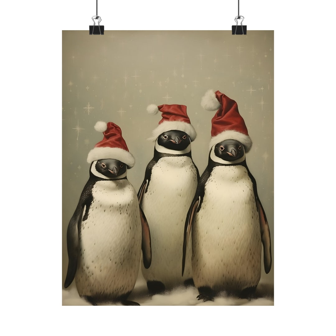 Christmas Penguins Poster, Holiday Poster, Penguins With Hats, Festive ...