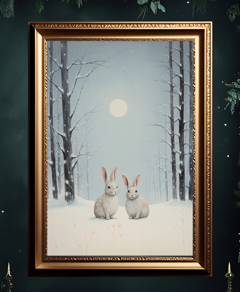 Bunnies in the Snow, Digital Print, Winter Painting, Vintage Holiday ...