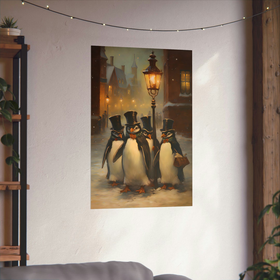 Caroling Penguins Poster, Holiday Poster, Penguins With Hats, Festive ...