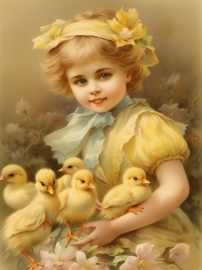 Girl and Baby Chicks Print | Living Room Decor | Vintageartrealm ...