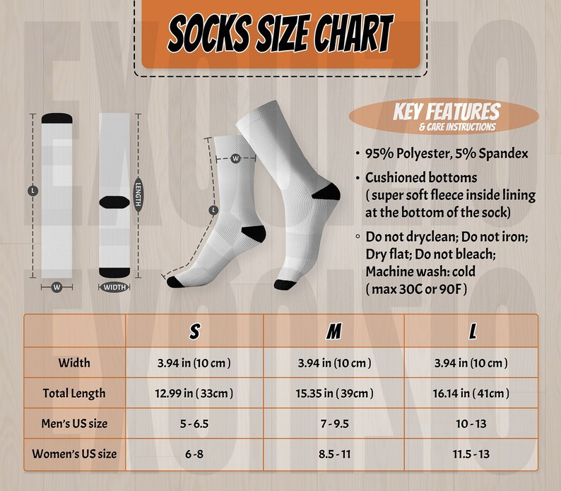 Sublimation Sock Mockup Size Chart Printify Socks Size Chart - Etsy