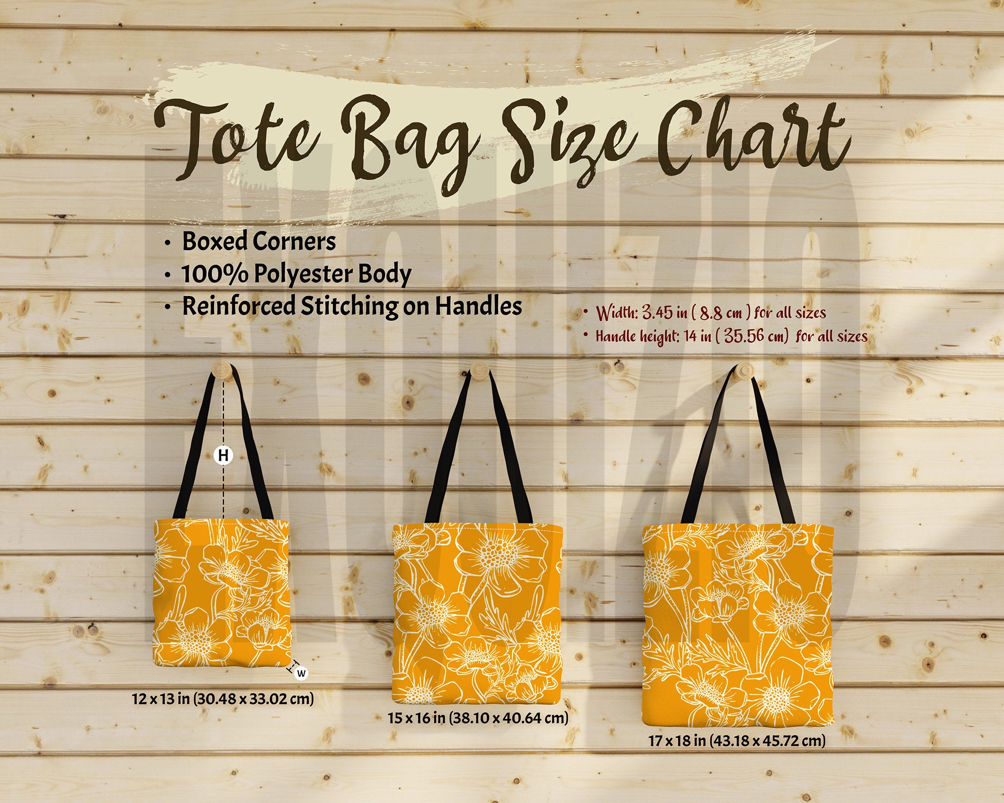 AOP Tote Bag Size Chart Mockup Printify All Over Print Black Handle Tote Bag Size Guide Tote Bag ...