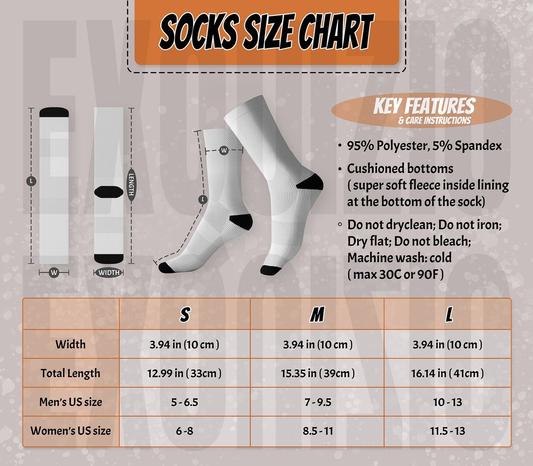 Sublimation Sock Mockup Size Chart Printify Socks Size Chart Mock up ...