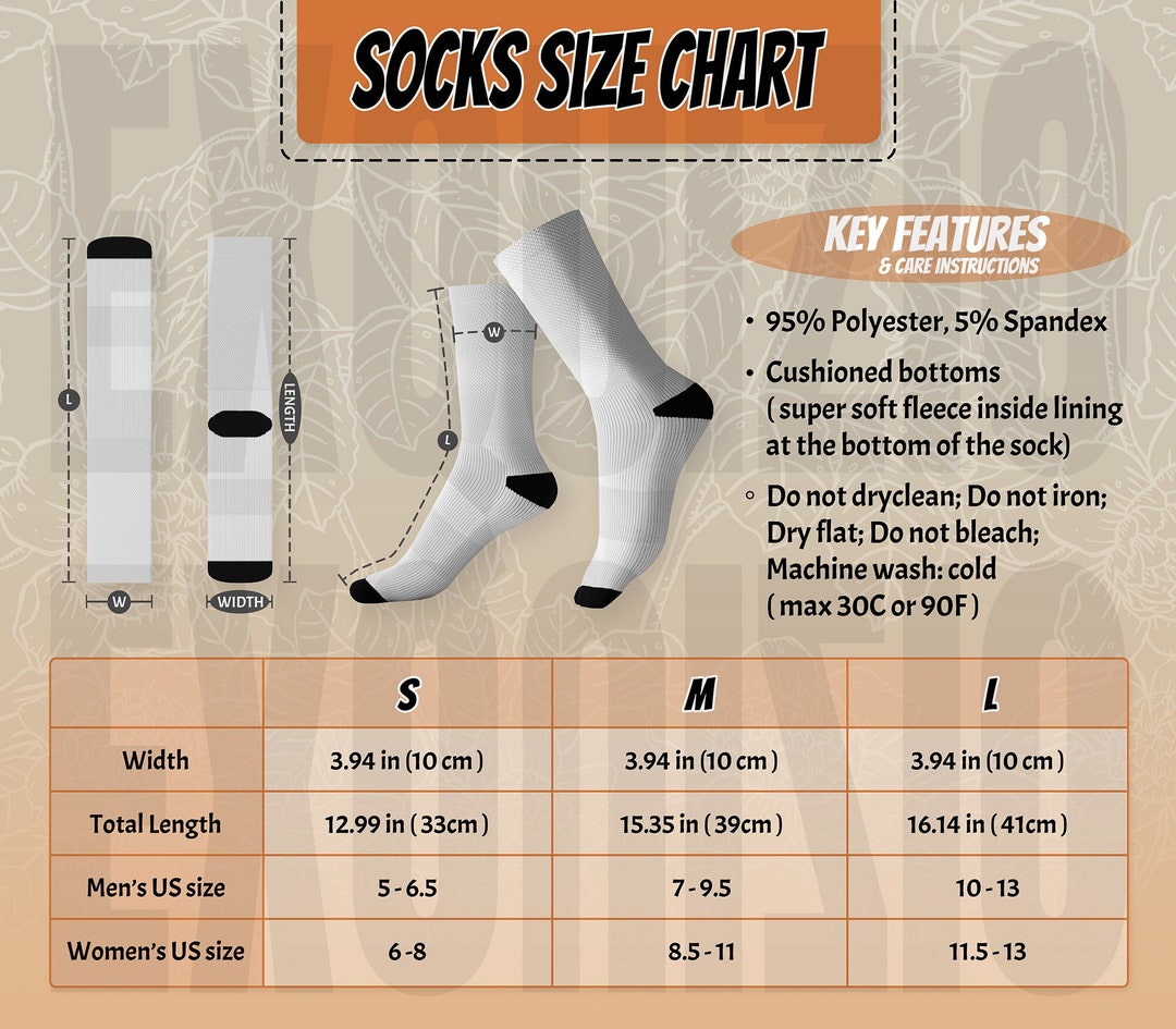 Sublimation Sock Mockup Size Chart Printify Socks Size Chart Mock up All Over Print Crew Sock ...