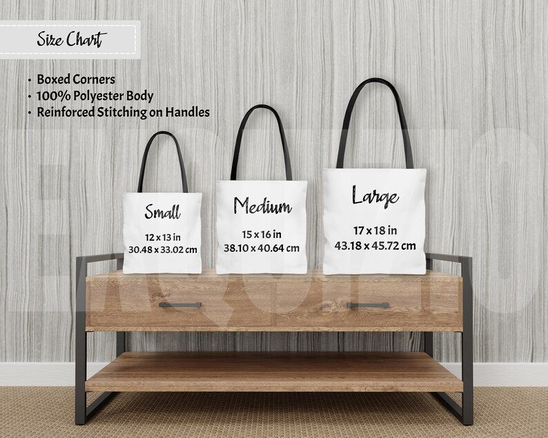 AOP Tote Bag Mockups and Size Chart, Size Template Tote Bag Mock-ups, All Over Print Bags Mockup ...
