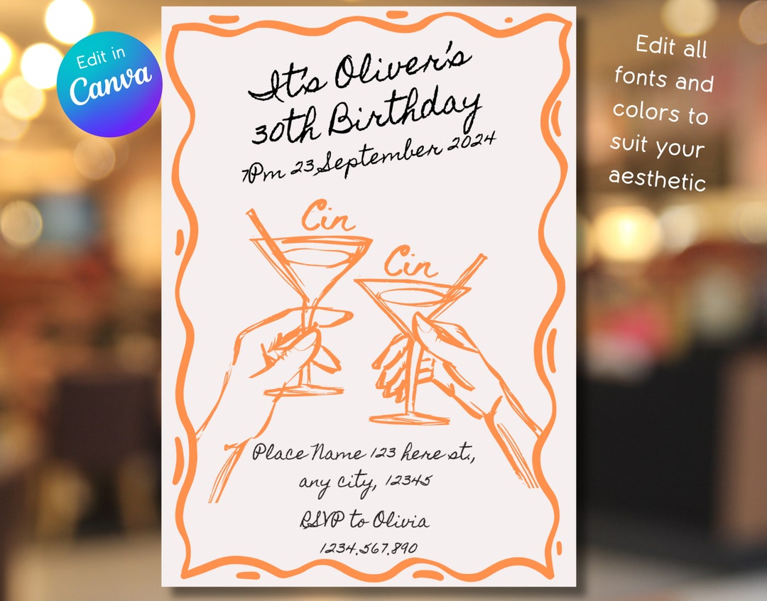 Editable Cin Cin Party Invitation, Hand Drawn Vintage Scribble ...