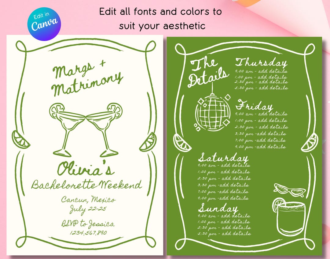 Margs & Matrimony Bachelorette Itinerary Template (digital Download) - Etsy