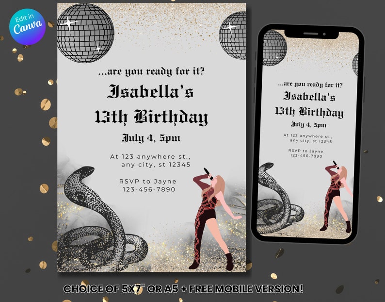 Reputation Taylor Swift Editable Digital Birthday Invitation, Music ...