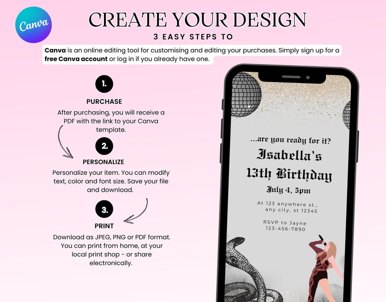 Reputation Birthday Invitation: Taylor Music Party, Editable (digital ...