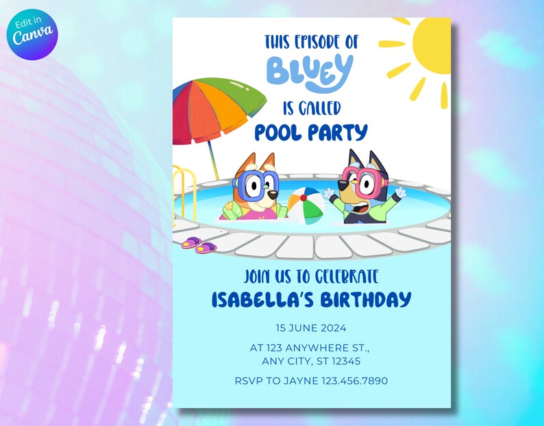 Bluey Birthday Pool Party Invitation Template Digital Bluey Girl Invite ...