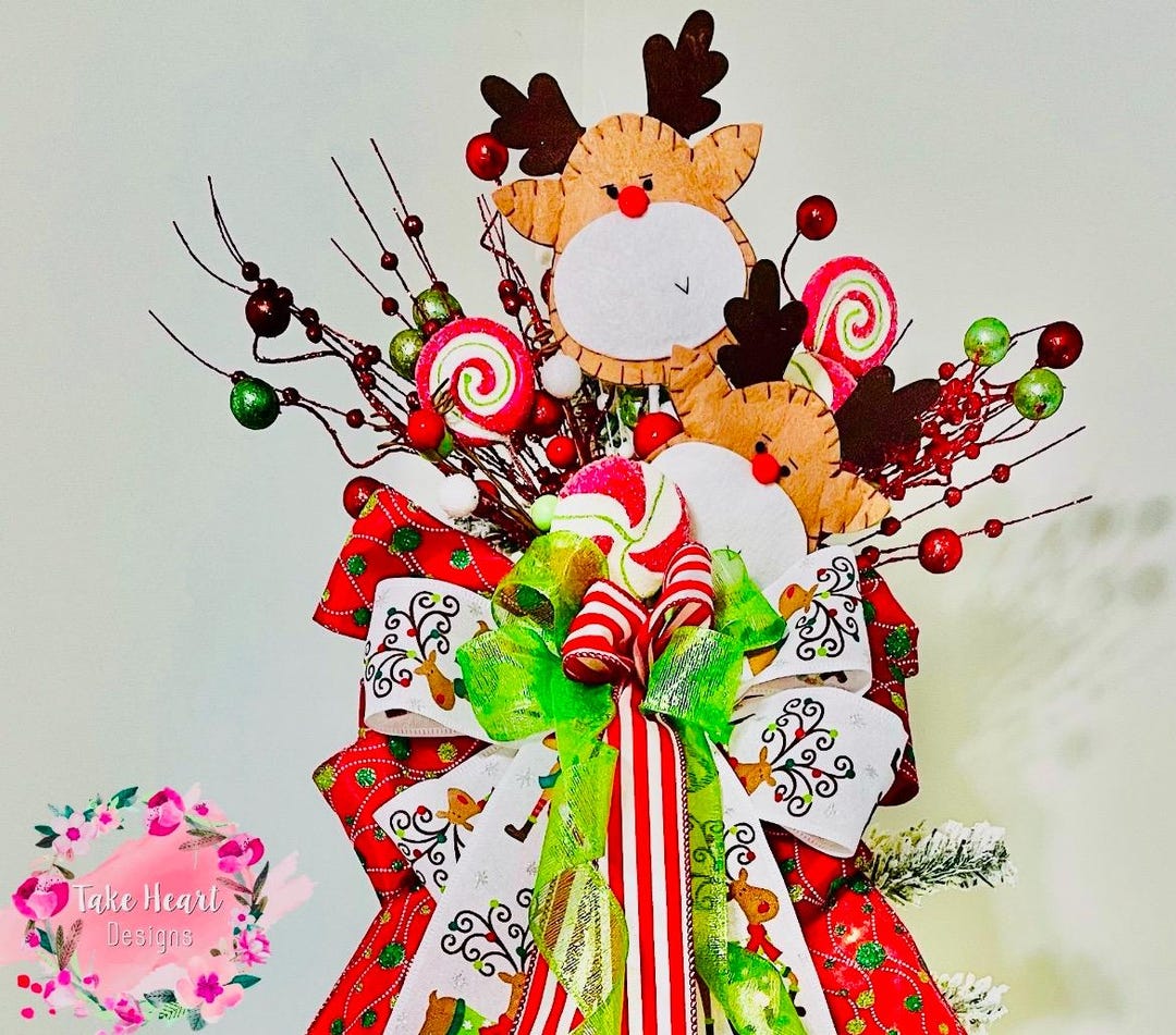 Reindeer Christmas Tree Topper Bow: Handmade Holiday Decor - Etsy