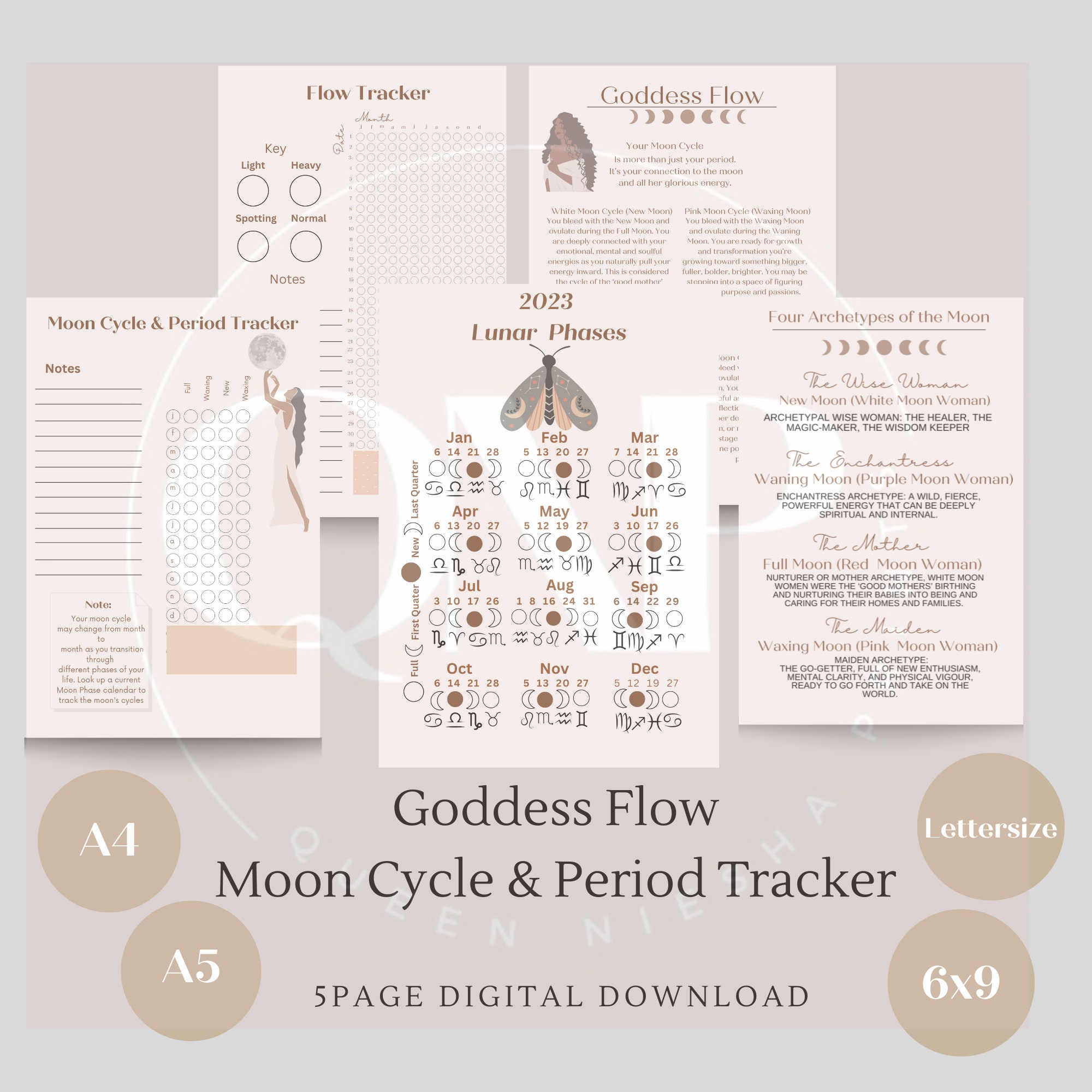 6x9 Moon Cycle Period Tracker Digital Inserts Moon & Period Syncing ...