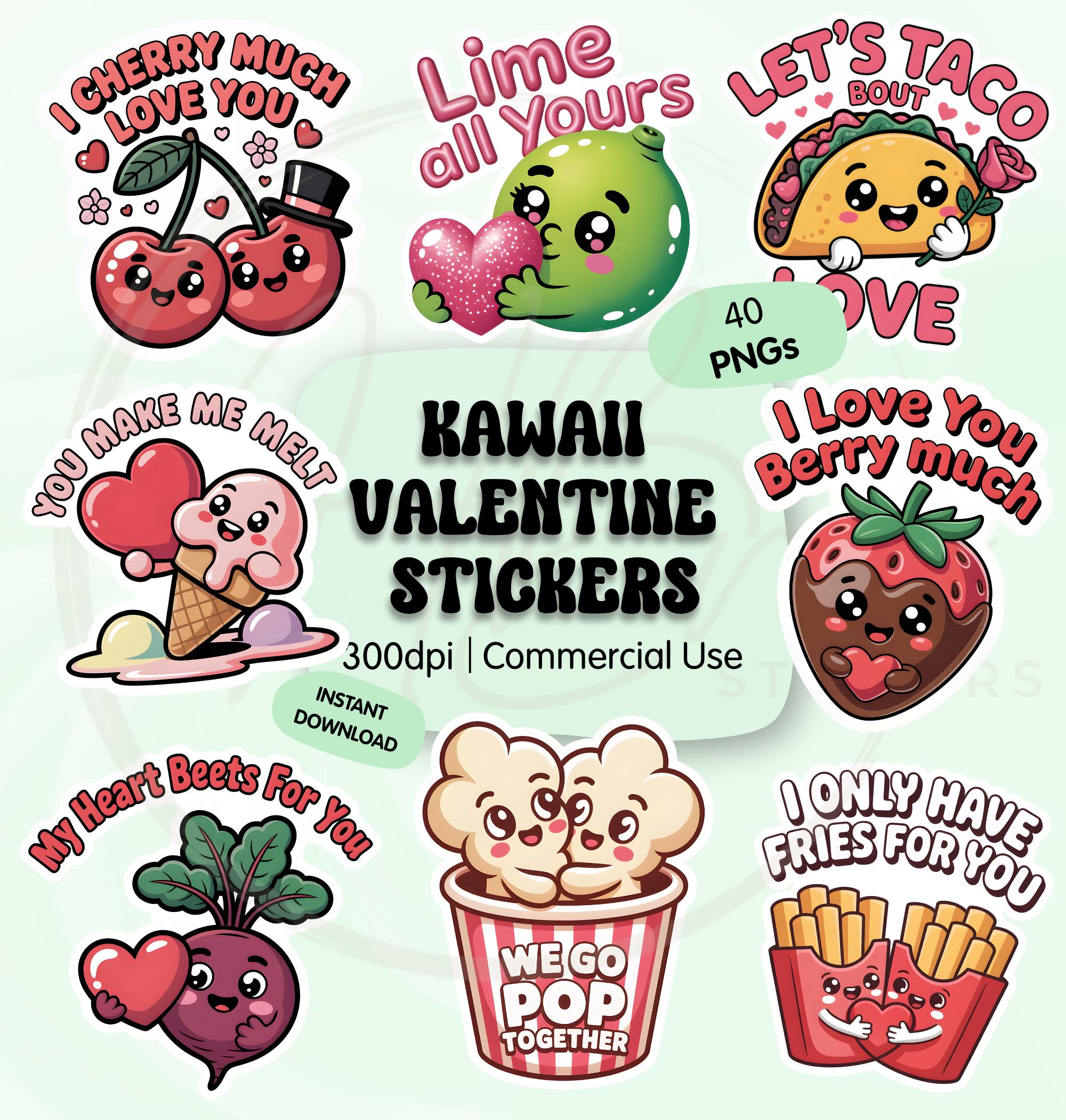 Kawaii Valentine PNG Sticker Bundle, Cute Food Puns Clipart, Valentines ...