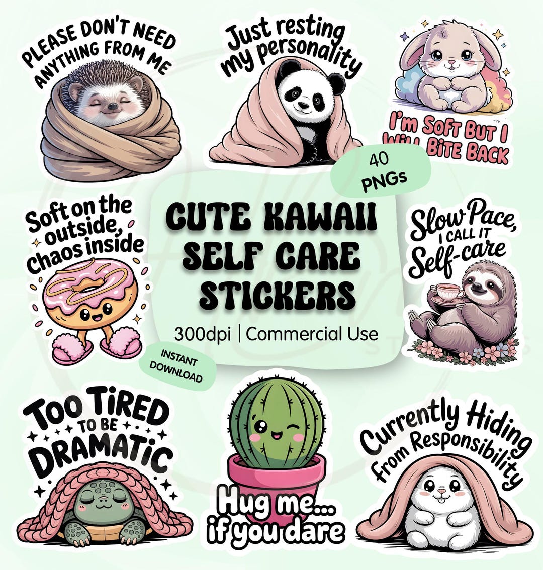 Cute Kawaii Self Care PNG Digital Sticker Bundle, Burnout Mental Health ...