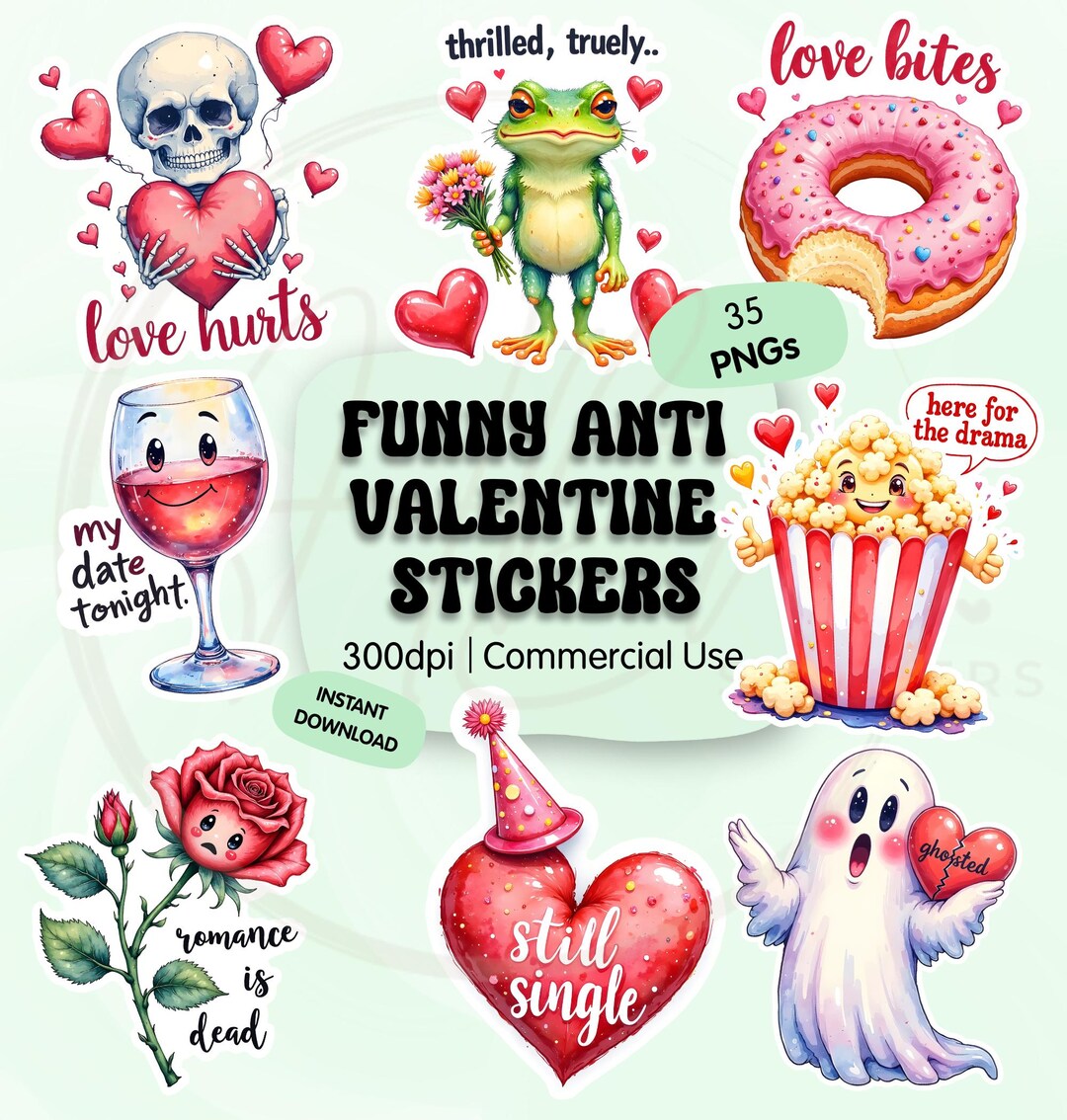 Funny Anti Valentine PNG Sticker Bundle, Sarcastic Love Quotes, Dark ...