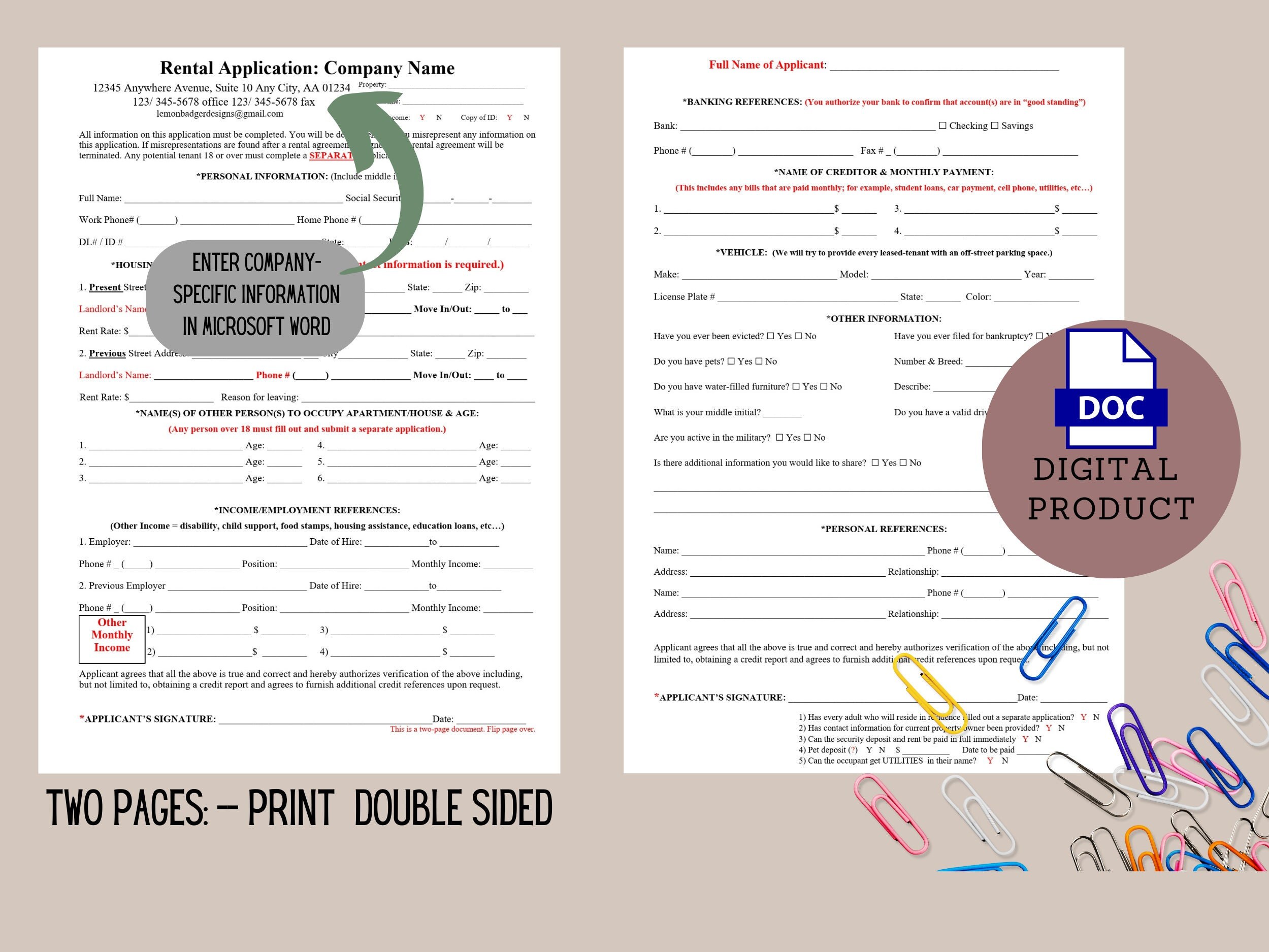 Rental Application Tenant Screening Form MS Word for Potential Tenant ...