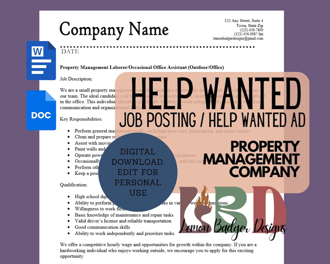 Help Wanted Job Posting Template Property Management Company Rental ...