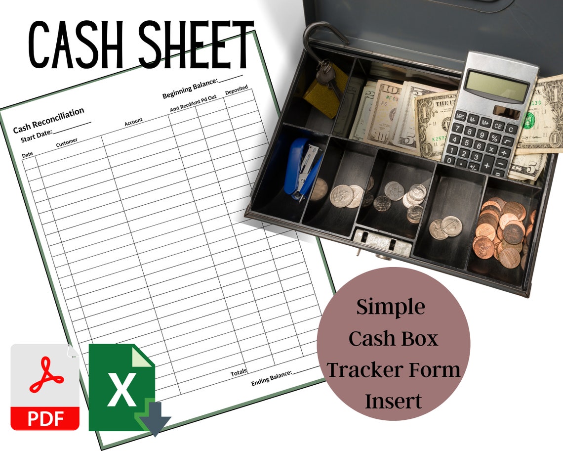 Cash Sheet Simple PDF or Excel Cash Box Insert Cash Reconciliation Form ...