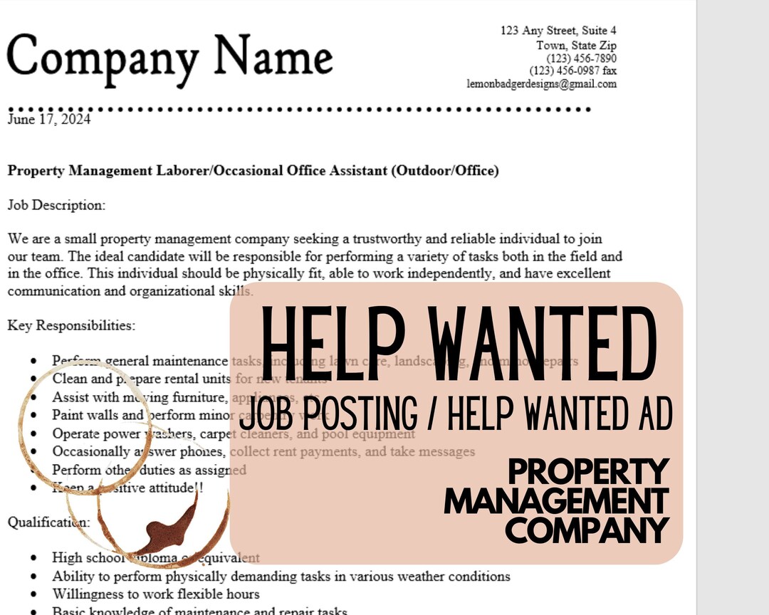 Help Wanted Job Posting Template Property Management Company Rental ...