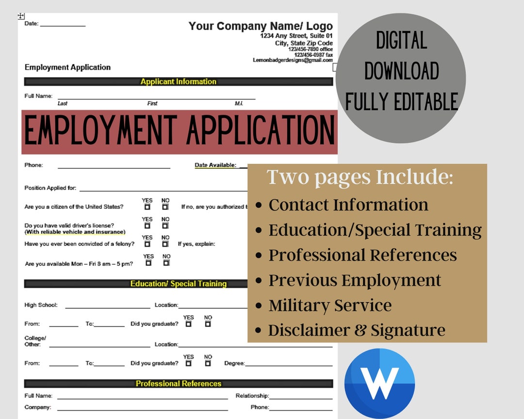 Employment Application Template Editable Job Application for Hire New ...