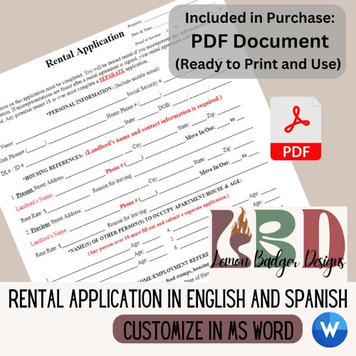 Rental Application in Spanish Tenant Screening Form MS Word and PDF for ...