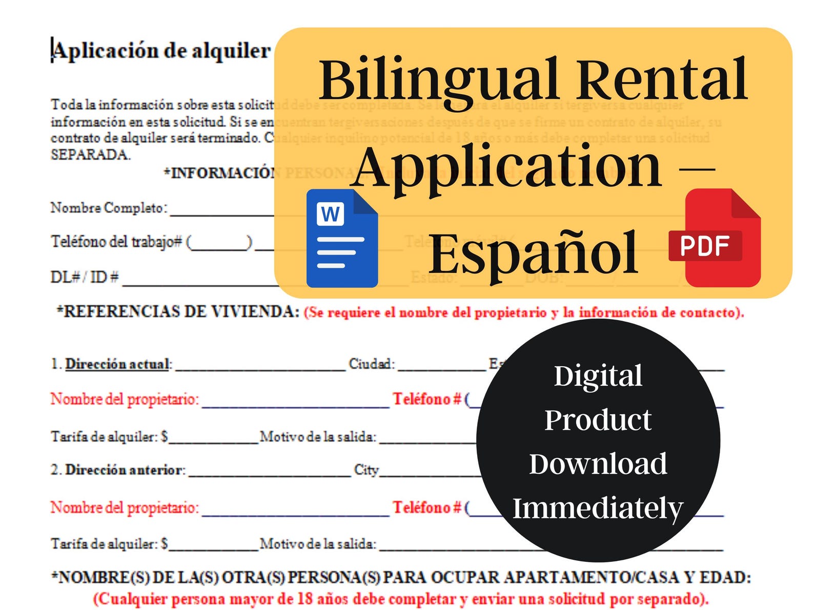 Editable Bilingual Rental Application | English & Spanish Tenant Form ...