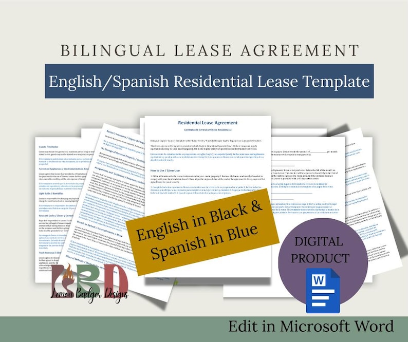Bilingual Lease Agreement Template | Editable Rental Contract English ...