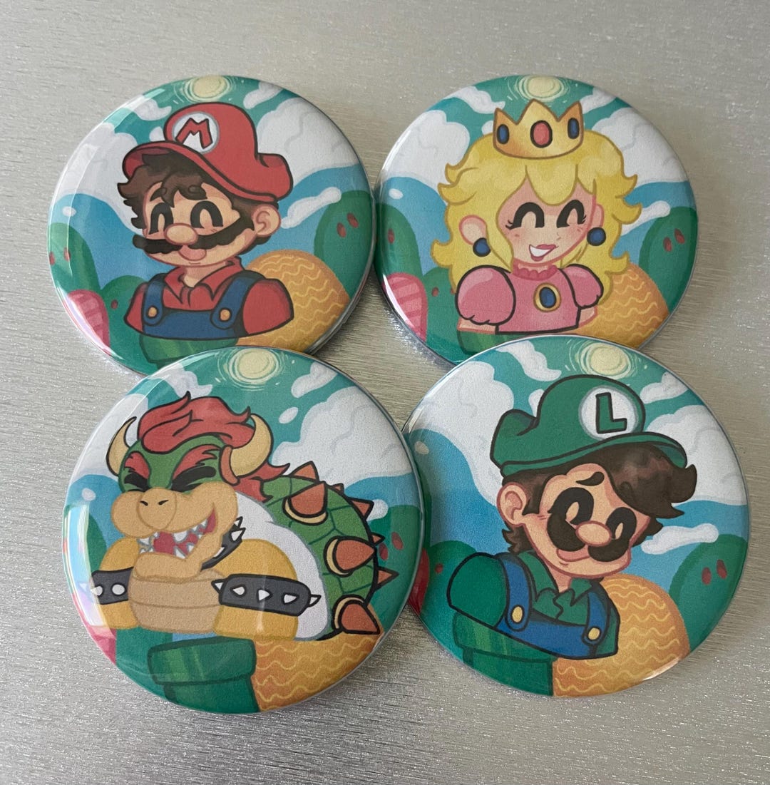 MARIO BROTHER'S 4 Button Set Mario, Luigi, Bowser, and Princess Peach ...