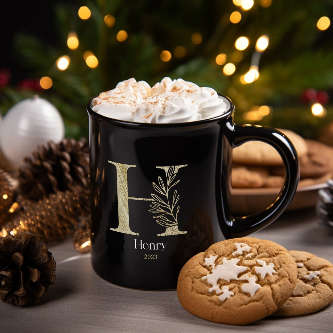 Custom Monogram Mug, Personalized Christmas Mug, Elegant Gold Monogram ...