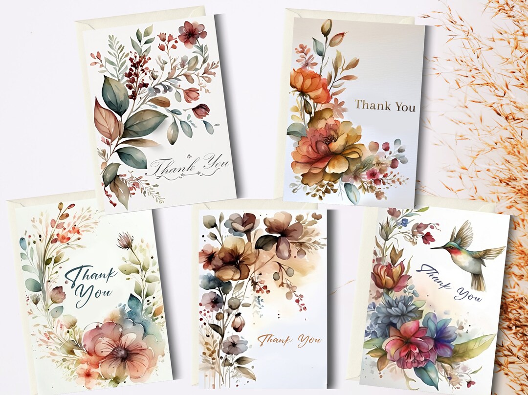 Thank You Cards Set | Set of 5 Cards | Thinking of You | Watercolor ...