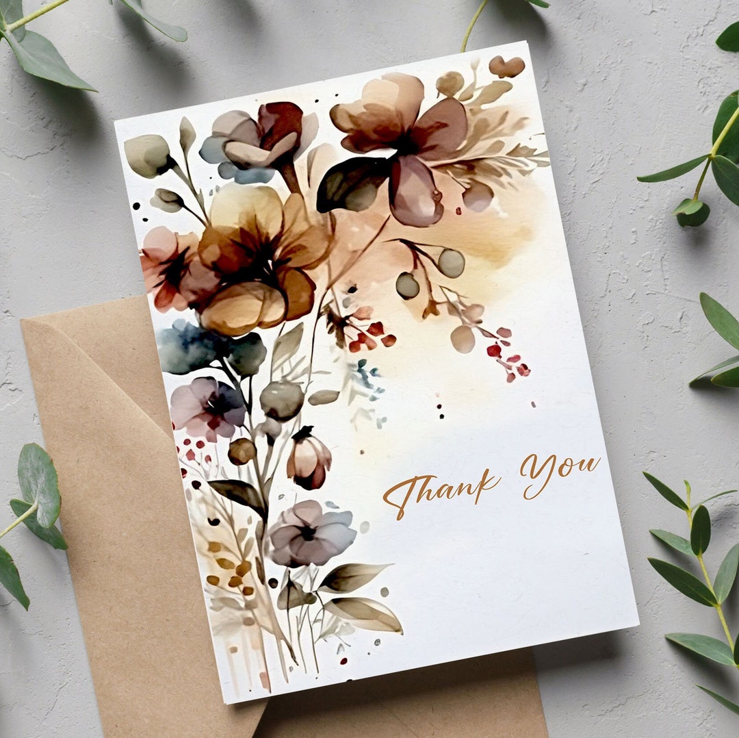 Thank You Card, Boho Wildflowers Hand Painted, Blank Inside, Greeting ...