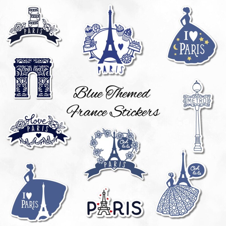 Blue Theme Paris France Water Resistant Die-cut Stickers, Laptop Decal ...