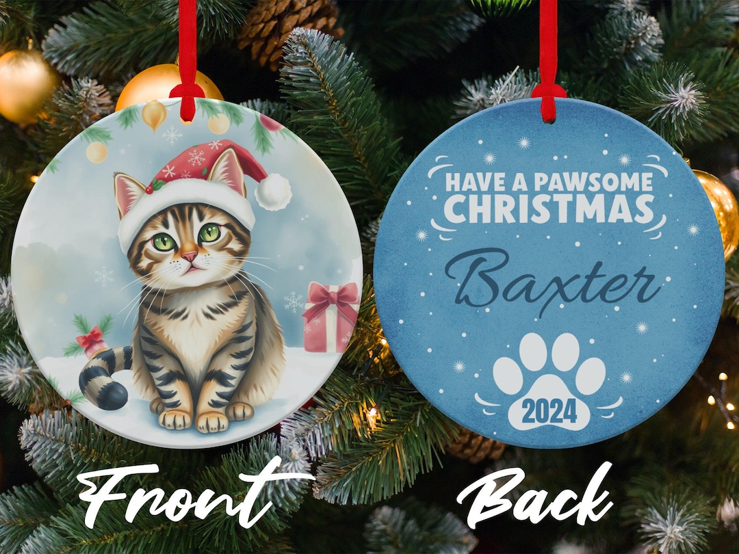 Christmas Tabby Cat Illustration Holiday Decor Round Aluminum Ornament ...