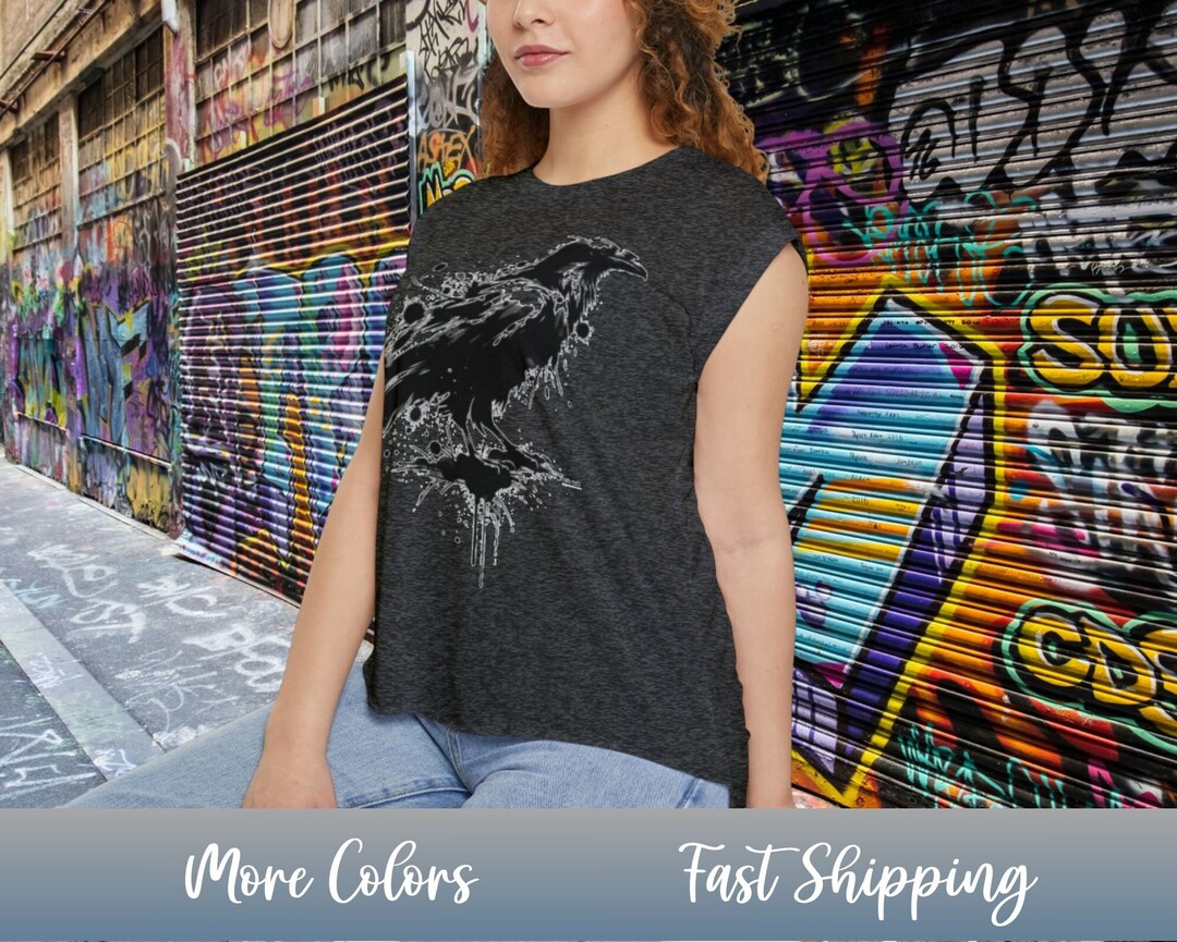 Gothic Raven Bird Muscle Shirt, Black Bird Crow, Womens Flowy Rolled ...