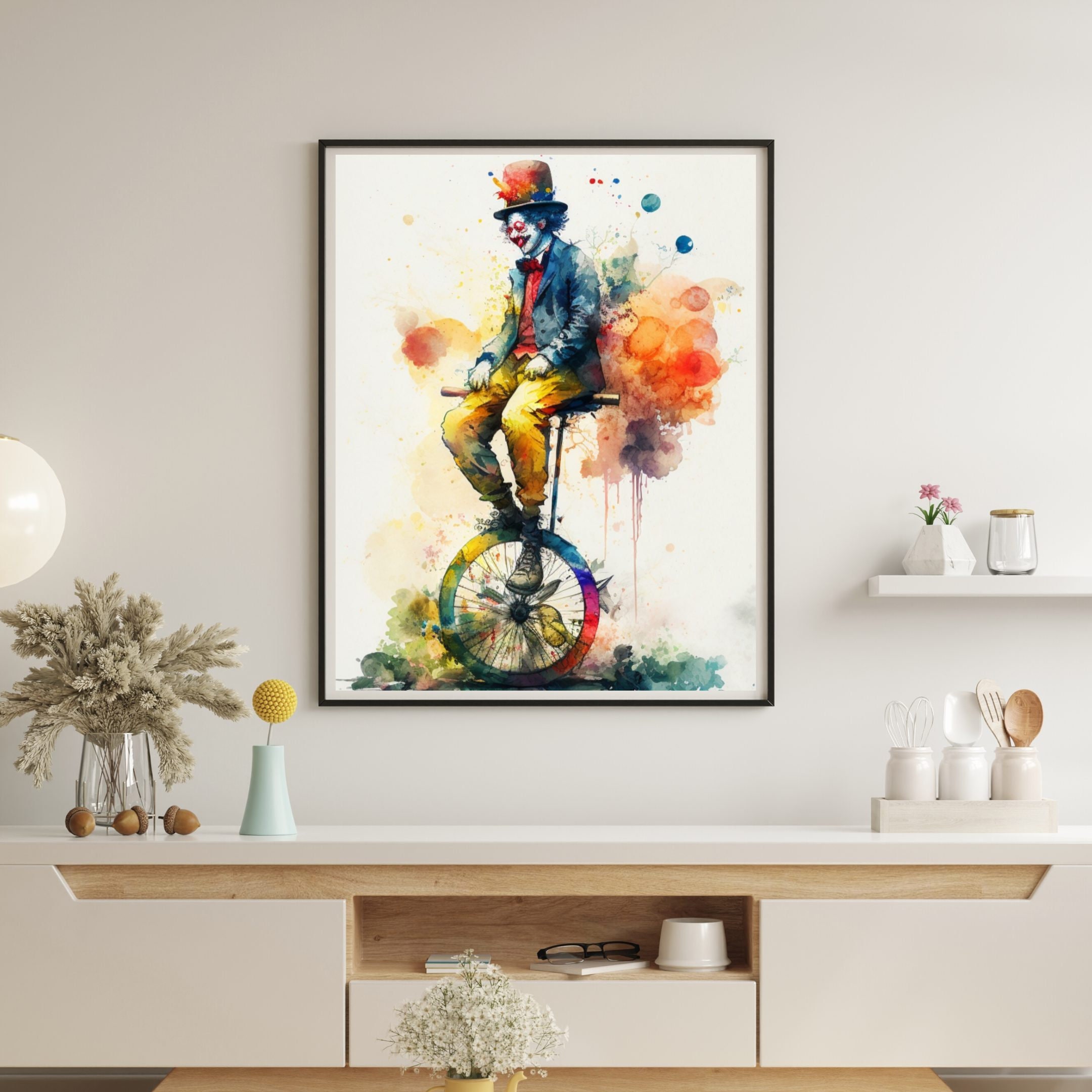 PRINTABLE DIGITAL Clown on A Unicycle, Indoor Home Bedroom Living Room ...