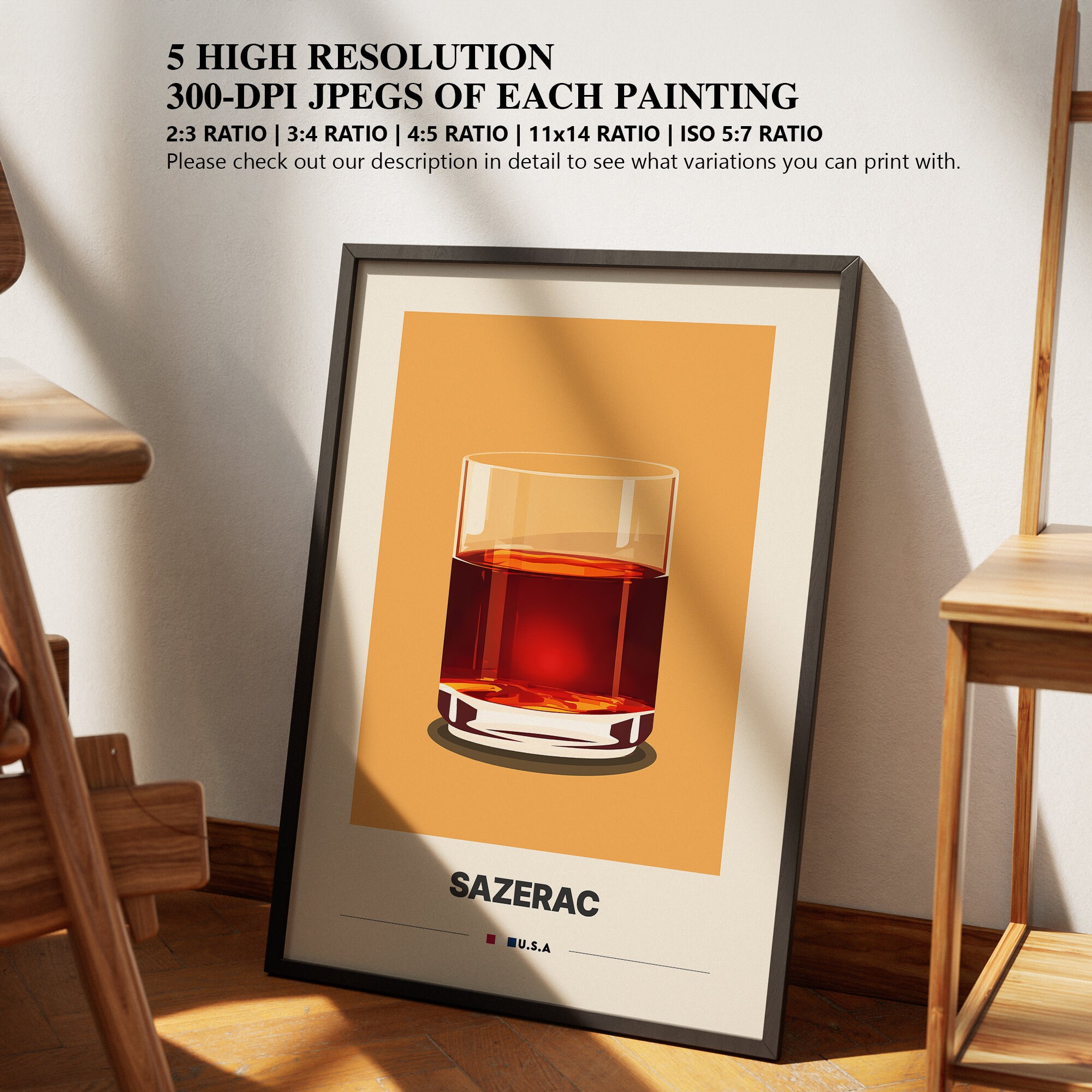 Sazerac Cocktail Poster | Minimalist Bar Cart Decor | Printable Digital ...