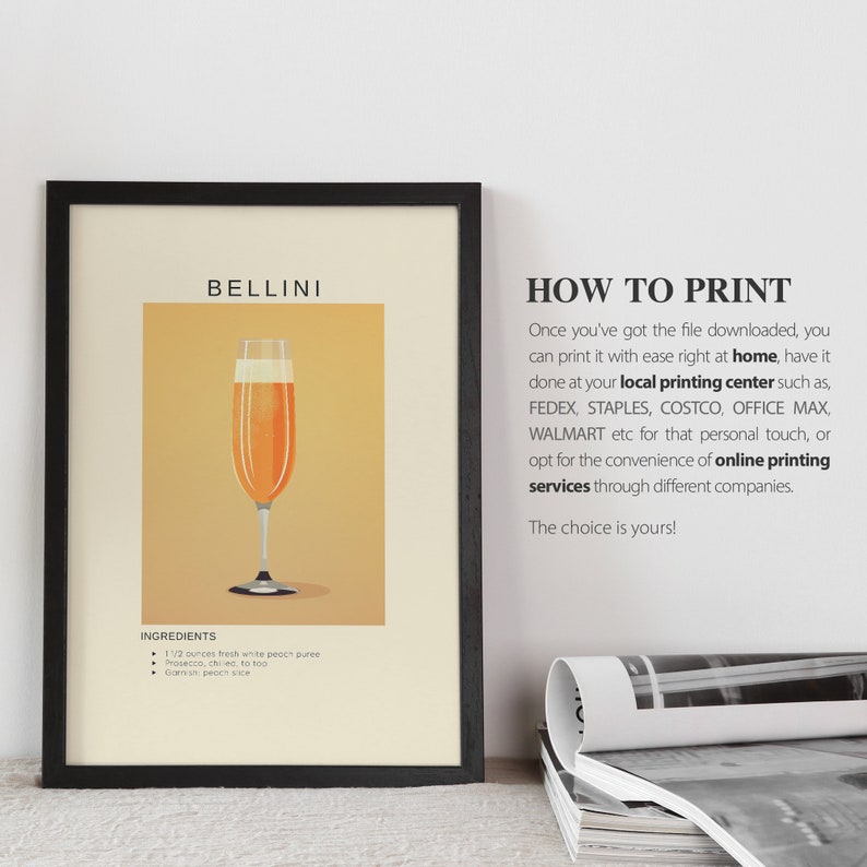 Bellini Cocktail Poster | Minimalist Bar Cart Decor | Printable Digital ...